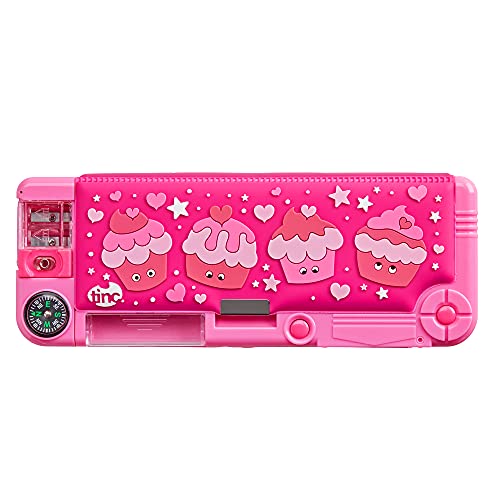 Tinc Mallo Character Pop Out Pencil Case Pink | Pop Out Compartment with Push Button | Includes Pencil with Eraser Topper, Ballpoint Pen & 15cm Ruler | 3 Compartments | for School