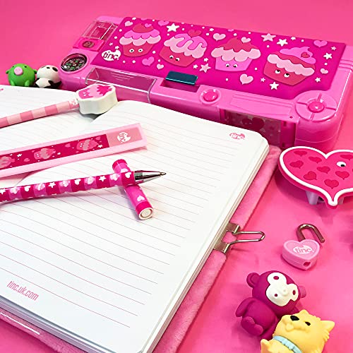 Tinc Mallo Character Pop Out Pencil Case Pink | Pop Out Compartment with Push Button | Includes Pencil with Eraser Topper, Ballpoint Pen & 15cm Ruler | 3 Compartments | for School