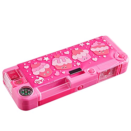 Tinc Mallo Character Pop Out Pencil Case Pink | Pop Out Compartment with Push Button | Includes Pencil with Eraser Topper, Ballpoint Pen & 15cm Ruler | 3 Compartments | for School