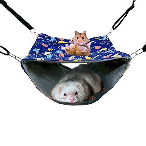 FULUE Double Ferret Rat Guinea Pig Hammock, Large Double Corner Hanging Hammock and Beds for Ferrets Cage Hanging Ferret Bed (Blue)