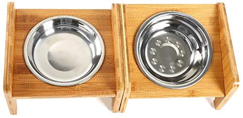 FOREYY Set of 2 Raised Pet Bowls for Cats and Small Dogs - Bamboo Tilted Single Elevated Dog Cat Food and Water Bowls Stand Feeder with 3 Stainless Steel Bowls and Anti Slip Feet for Comfort Feeding