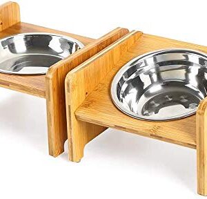 FOREYY Set of 2 Raised Pet Bowls for Cats and Small Dogs - Bamboo Tilted Single Elevated Dog Cat Food and Water Bowls Stand Feeder with 3 Stainless Steel Bowls and Anti Slip Feet for Comfort Feeding