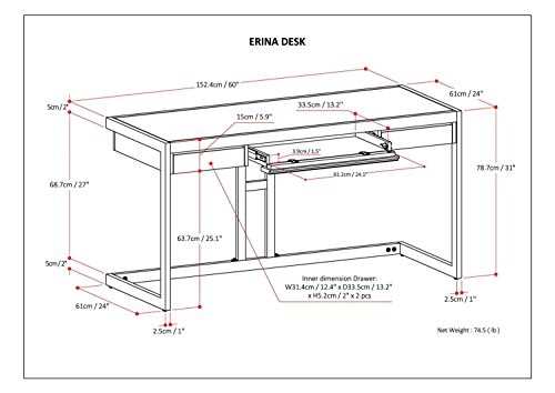 SIMPLIHOME Erina SOLID WOOD and Metal Modern Industrial 60 inch Wide Home Office Desk, Writing Table, Workstation, Study Table Furniture in Distressed Charcoal Brown with 2 Drawers