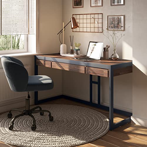 SIMPLIHOME Erina SOLID WOOD and Metal Modern Industrial 60 inch Wide Home Office Desk, Writing Table, Workstation, Study Table Furniture in Distressed Charcoal Brown with 2 Drawers