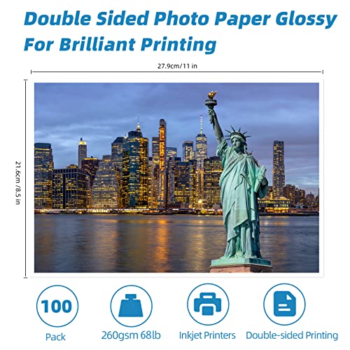 Thick Photo Paper Glossy Double Sided 100 Sheets 8.5x11 Heavyweight 69lb 260gsm Inkjet Both Sides Printable 11.8mil A4 Letter size Flyer Bulk Pack 8.5 x 11 Card paper postcard postal Uinkit