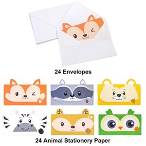 24 Pcs Letter Writing Stationery Paper Set Woodland Animal Design Greeting Cards with Envelopes for Kids Classroom Birthday Party