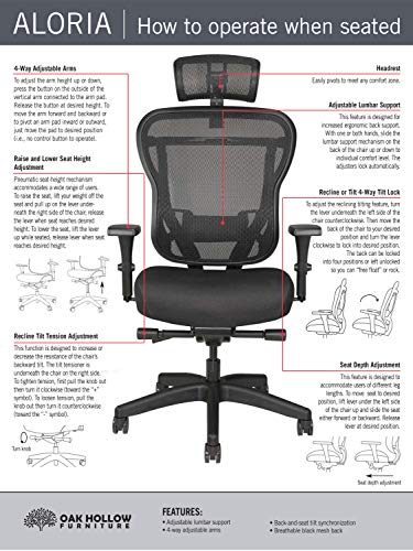 Oak Hollow Furniture Aloria Series Office Chair Ergonomic Executive Computer Chair, Fabric Soft Seat Cushion, Mesh Back, Adjustable Lumbar Support Swivel and Tilt (Black, Headrest)