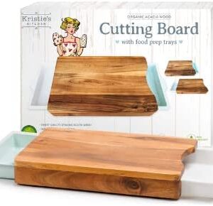 Kristie's Kitchen Wood Cutting Board - Sturdy Chopping Board With Pull Out Trays For Easy Food Prep, Storage & Clean Up - Small Cutting Board Wood Dimensions - 100% Acacia Cutting Board for Kitchen