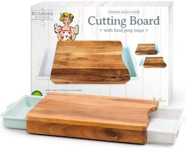 Kristie's Kitchen Wood Cutting Board - Sturdy Chopping Board With Pull Out Trays For Easy Food Prep, Storage & Clean Up - Small Cutting Board Wood Dimensions - 100% Acacia Cutting Board for Kitchen