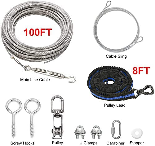 XiaZ Dog Tie Out Cable, 100ft Dog Trolley Runner Cable for Dogs up to 250lbs, Dog Lead for Yard, Camping, Outdoor, with 8 Ft Nylon Bungee Runner, Cable Sling to Protect Trees