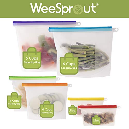 WeeSprout 100% Silicone Reusable Food Storage Bags - Set of 6 Leakproof & Airtight Bags (Two 6 Cup, Two 4 Cup, and Two 2 Cup Bags), Freezer, Microwave, & Dishwasher Friendly, for Lunches and Snacks