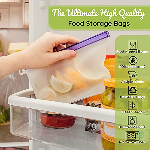 WeeSprout 100% Silicone Reusable Food Storage Bags - Set of 6 Leakproof & Airtight Bags (Two 6 Cup, Two 4 Cup, and Two 2 Cup Bags), Freezer, Microwave, & Dishwasher Friendly, for Lunches and Snacks