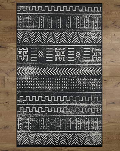 Deerlux Boho Living Room Area Rug with Nonslip Backing, Black Tribal Pattern, 4 x 6 Ft Small