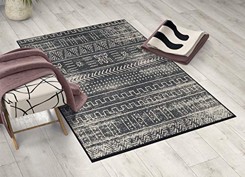 Deerlux Boho Living Room Area Rug with Nonslip Backing, Black Tribal Pattern, 4 x 6 Ft Small