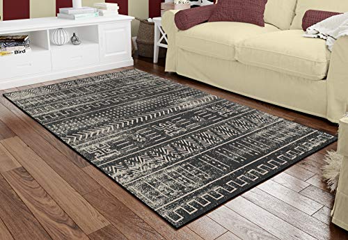 Deerlux Boho Living Room Area Rug with Nonslip Backing, Black Tribal Pattern, 4 x 6 Ft Small