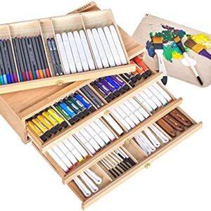 MEEDEN 4-Drawer Artist Supply Storage Box - Portable Foldable Multi-Function Beech Wood Artist Pencil & Brush Storage Box with Drawer & Compartments for Pastels, Pencils, Pens, Brushes, Stamp