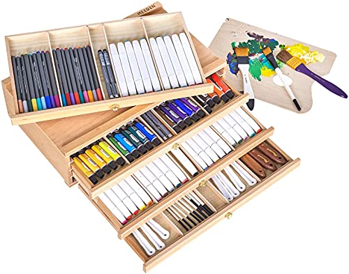 MEEDEN 4-Drawer Artist Supply Storage Box - Portable Foldable Multi-Function Beech Wood Artist Pencil & Brush Storage Box with Drawer & Compartments for Pastels, Pencils, Pens, Brushes, Stamp