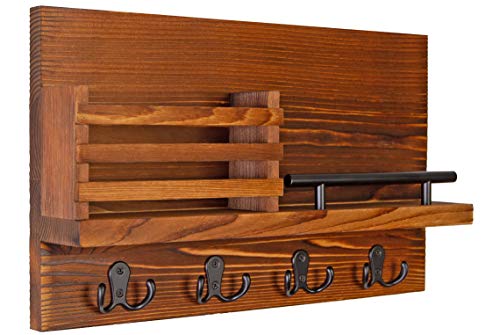 Ripple Creek Key Holder for Wall and Mail Shelf - Decorative Wooden Wall Organizer Rack for Keys, Letters, Bills - Pine Wood Unique Rustic and Industrial Decor - Perfect for Entryway, Kitchen