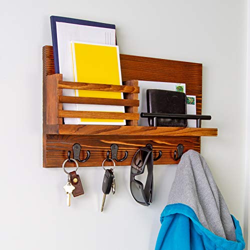 Ripple Creek Key Holder for Wall and Mail Shelf - Decorative Wooden Wall Organizer Rack for Keys, Letters, Bills - Pine Wood Unique Rustic and Industrial Decor - Perfect for Entryway, Kitchen