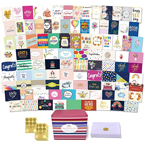 100 All Occasion Cards Greeting Cards Assortment Box With Envelopes,5 X 7 Inch Assorted Greeting Cards With Greeting Inside.Greeting Cards Assortment For Birthday,Thank You,Sympathy,Baby,Wedding And More.Premium Greeting Card Organizer Box With Sticker An