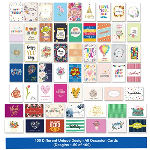 100 All Occasion Cards Greeting Cards Assortment Box With Envelopes,5 X 7 Inch Assorted Greeting Cards With Greeting Inside.Greeting Cards Assortment For Birthday,Thank You,Sympathy,Baby,Wedding And More.Premium Greeting Card Organizer Box With Sticker An