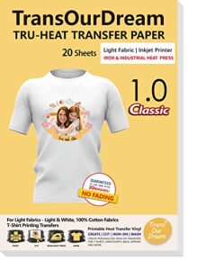 transourdream heat transfer paper for light t shirts (20 sheets, 8.5x11") clear iron on transfer paper for light &white fabrics printable heat transfer vinyl for inkjet printer (trans-1)