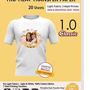 TransOurDream Heat Transfer Paper for Light T Shirts (20 Sheets, 8.5x11") Clear Iron on Transfer Paper for Light &White Fabrics Printable Heat Transfer Vinyl for Inkjet Printer (Trans-1)