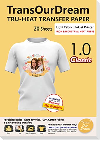 TransOurDream Heat Transfer Paper for Light T Shirts (20 Sheets, 8.5x11") Clear Iron on Transfer Paper for Light &White Fabrics Printable Heat Transfer Vinyl for Inkjet Printer (Trans-1)