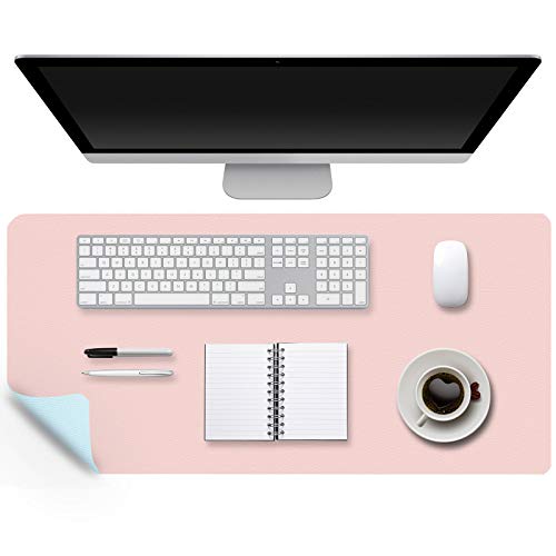 GothicBirde Desk Mouse Pad, Waterproof Large Leather Desk Pad , Anti-Slip & Dual-Sided & Easy Clean Desk Writing Mat for Office/Home (31.5" x 15.7" Pink/Light Blue)