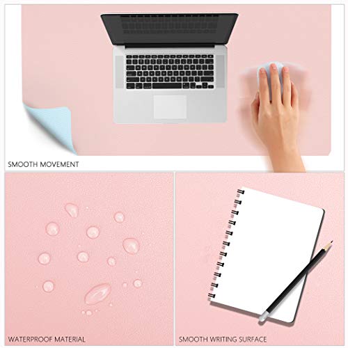 GothicBirde Desk Mouse Pad, Waterproof Large Leather Desk Pad , Anti-Slip & Dual-Sided & Easy Clean Desk Writing Mat for Office/Home (31.5" x 15.7" Pink/Light Blue)