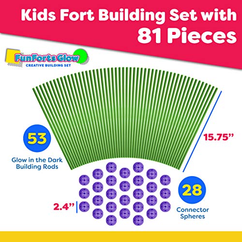 Fun Forts Glow Fort Building Kit for Kids - 81 Pack Glow in The Dark STEM Building Toys Indoor Outdoor Play Tent for Kids Construction Toys with 53 Rods and 28 Spheres