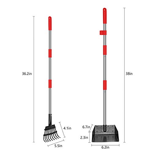 QiMH Upgraded Dog Pooper Scooper Extra Large, Adjustable Long Handle Stainless Metal Pet Poop Tray and Rake Set for Large Medium Small Dogs, Dog Waste Removal Bin Rake, Great for Grass, Street, Gravel