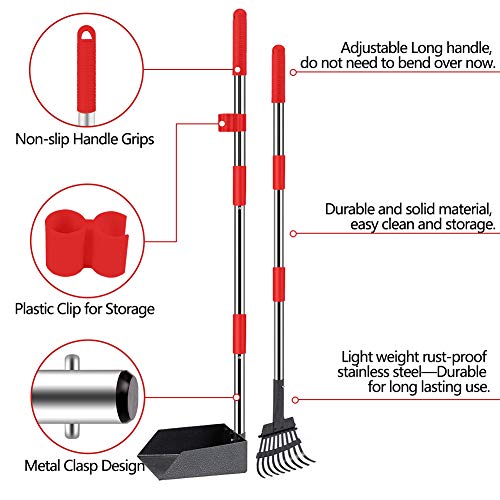 QiMH Upgraded Dog Pooper Scooper Extra Large, Adjustable Long Handle Stainless Metal Pet Poop Tray and Rake Set for Large Medium Small Dogs, Dog Waste Removal Bin Rake, Great for Grass, Street, Gravel