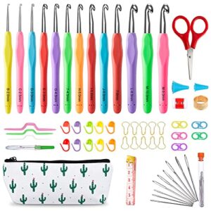 73 pack crochet hooks set, 13 pcs 2mm(b)-10mm(n) ergonomic soft grip crochet handles yarn knitting needles kit with case for arthritic hand, inscraft crochet starter kit for beginners and lovers