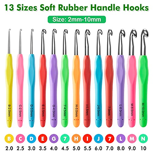 73 Pack Crochet Hooks Set, 13 PCS 2mm(B)-10mm(N) Ergonomic Soft Grip Crochet Handles Yarn Knitting Needles Kit with Case for Arthritic Hand, Inscraft Crochet Starter Kit for Beginners and Lovers