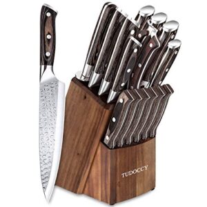 kitchen knife set, 16-piece knife set with built-in sharpener and wooden block, precious wengewood handle for chef knife set, german stainless steel knife block set, ultra sharp full tang forged