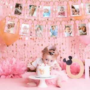 Cartoon Mouse Photo Banner Pink and Gold Newborn to 12 Month Birthday Banner for Cartoon Mouse Themed 1st Birthday Decorations Supplies