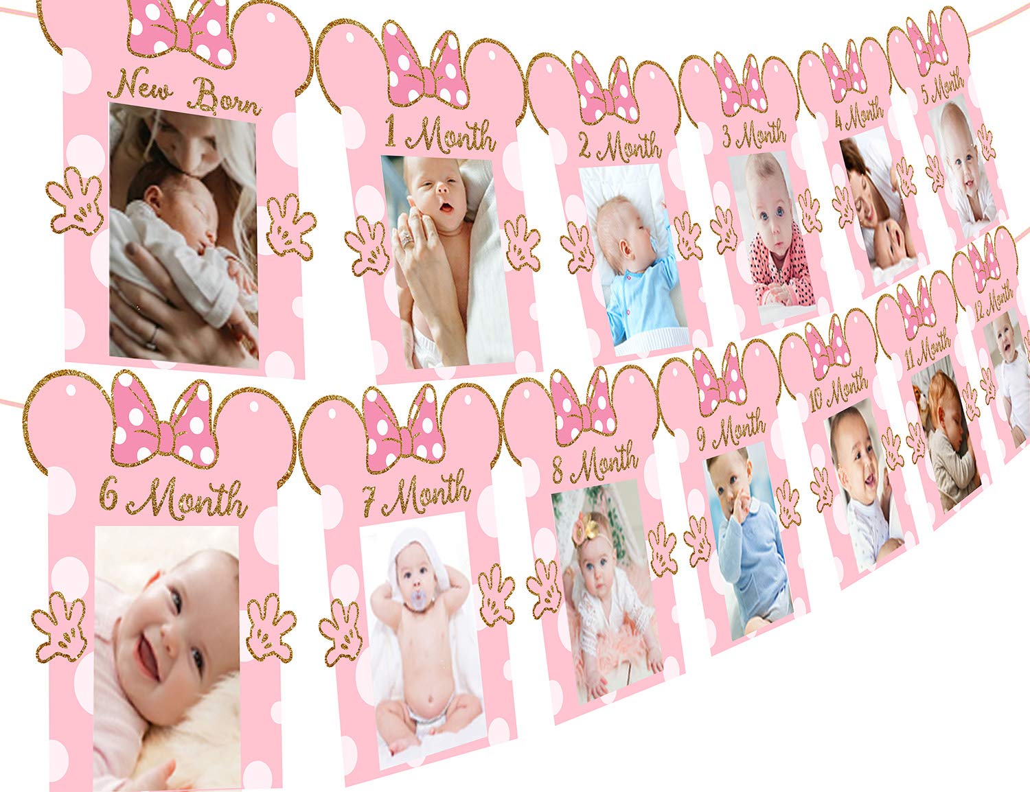 Cartoon Mouse Photo Banner Pink and Gold Newborn to 12 Month Birthday Banner for Cartoon Mouse Themed 1st Birthday Decorations Supplies