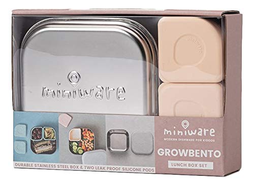 Miniware GrowBento Box and 2 Silipods (Steel + Peach) | Durable 304 Stainless Steel Lunch Box and Leakproof Food Grade Silicone Storage Containers Set | Grows from Baby Purees to School Lunches