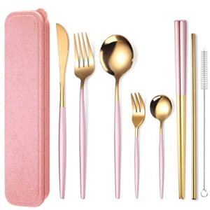 aarainbow 8 pieces stainless steel flatware set portable reusable cutlery set travel utensils set including chopsticks knife fork spoon straws cleaning brush dishwasher safe (pink golden)