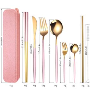 AARAINBOW 8 Pieces Stainless Steel Flatware Set Portable Reusable Cutlery Set Travel Utensils Set Including Chopsticks Knife Fork Spoon Straws Cleaning Brush Dishwasher Safe (Pink Golden)