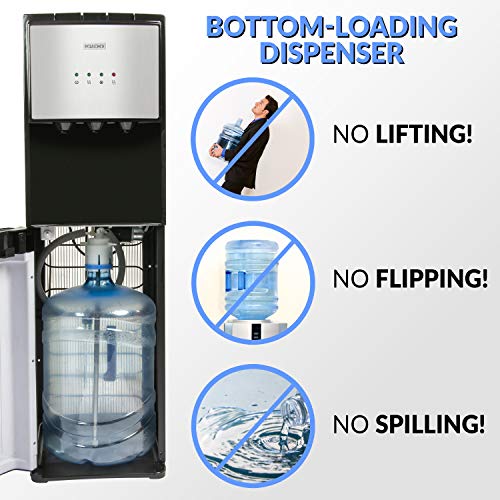 Igloo IWCBL353CRHBKS Stainless Steel Hot, Cold & Room Water Cooler Dispenser, Holds 3 & 5 Gallon Bottles, 3 Temperature Spouts, No Lift Bottom Loading, Child Safety Lock, Black/Stainless