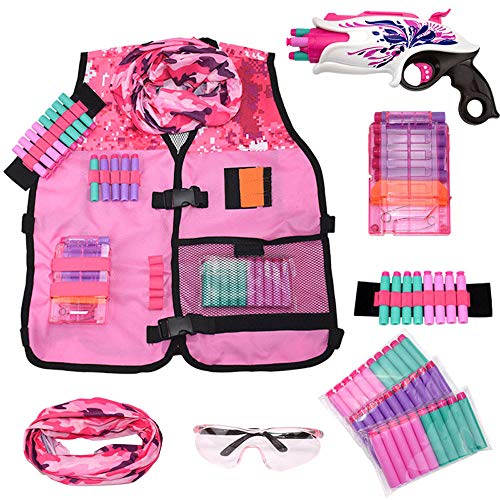 Girls Pink Tactical Vest Set with Gun for Nerf Rebelle and N-Strike Elite Series with 30 Refill Darts, Quick Reload Clip, Wrist Ammo Holder, Safety Glasses, and Tube Mask