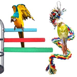 3pcs bird perchs bird stand toy and 1pcs bird rope perches, wood parrot stand platform colorful sand paw grinding stick cage accessories exercise toys for cockatiel conure budgies parakeet (wood+rope)