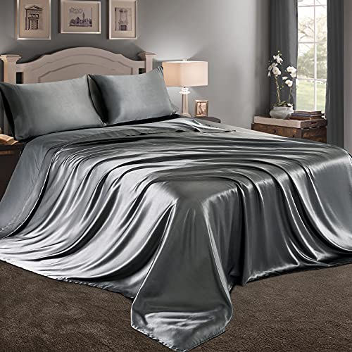 RUDONG M 3 Piece Dark Grey Satin Sheets Twin Size Satin Bed Sheets Set Silky Satin Sheet with 1 Deep Pocket Fitted Sheet+1 Flat Sheet+1 Pillowcase