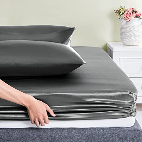 RUDONG M 3 Piece Dark Grey Satin Sheets Twin Size Satin Bed Sheets Set Silky Satin Sheet with 1 Deep Pocket Fitted Sheet+1 Flat Sheet+1 Pillowcase