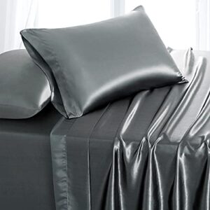 RUDONG M 3 Piece Dark Grey Satin Sheets Twin Size Satin Bed Sheets Set Silky Satin Sheet with 1 Deep Pocket Fitted Sheet+1 Flat Sheet+1 Pillowcase