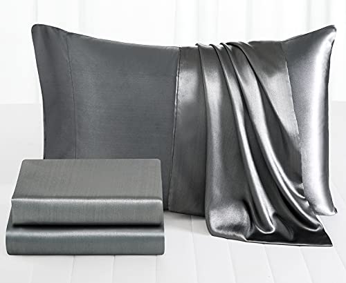 RUDONG M 3 Piece Dark Grey Satin Sheets Twin Size Satin Bed Sheets Set Silky Satin Sheet with 1 Deep Pocket Fitted Sheet+1 Flat Sheet+1 Pillowcase