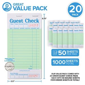 Stock Your Home Green Guest Check Books for Servers (20 Pack) Server Note Pads, Waiter Checkbook, Food Receipt Book, Restaurant Order Pad, Paper Checks, Waitress Accessories, 1000 Total Tickets