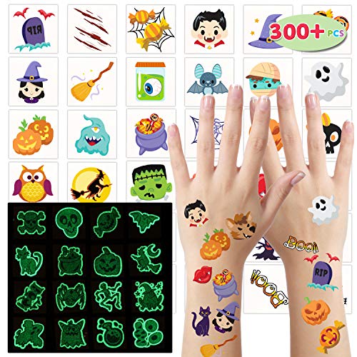 300+ Assorted Halloween Temporary Tattoos including 90 Glow in the Dark Tattoos (54 Designs) for Kids Halloween Trick or Treat Party Supplies, Class Hang out Give away Treat!